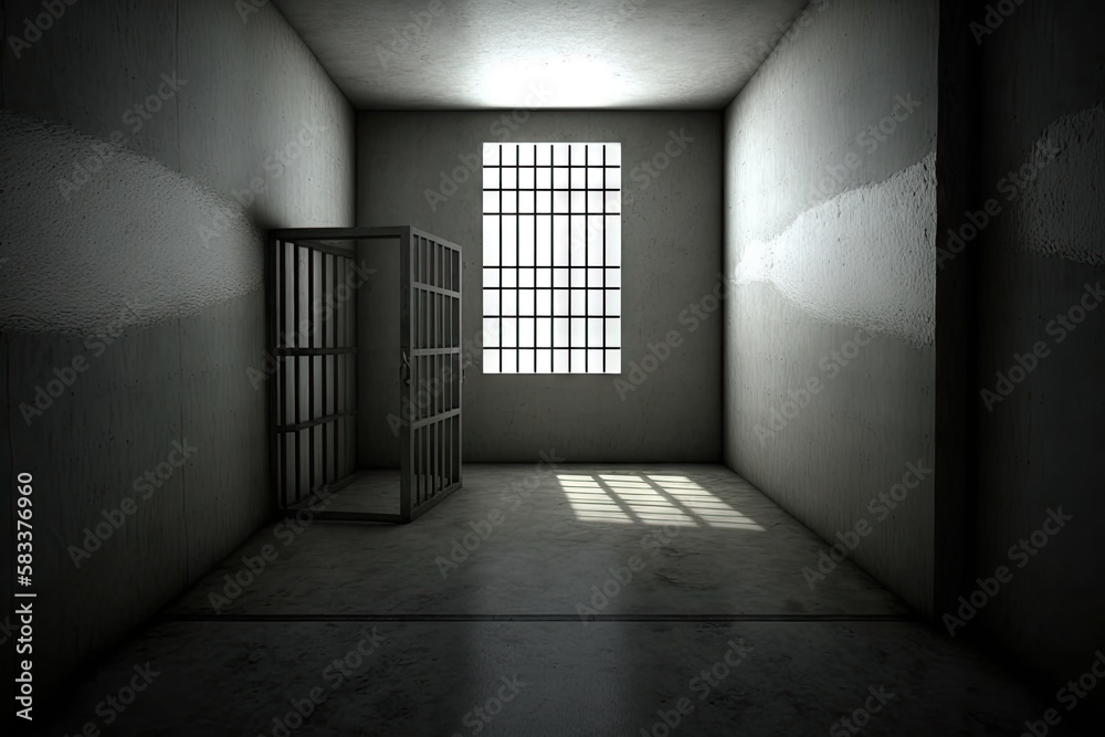 empty room with prison-style cell, bars on the windows and solitary ...