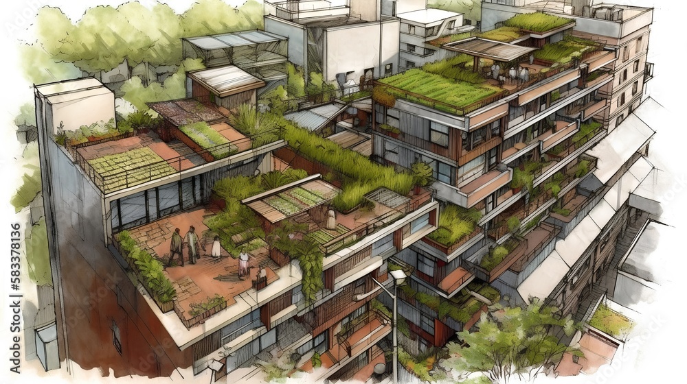 Sketch of sustainable urban architecture, featuring green roofs and ...