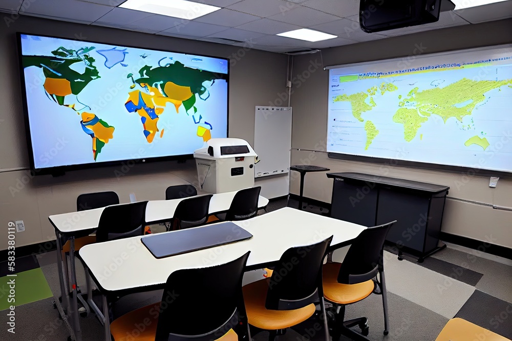school classroom with interactive smart board, laptop, and projector ...