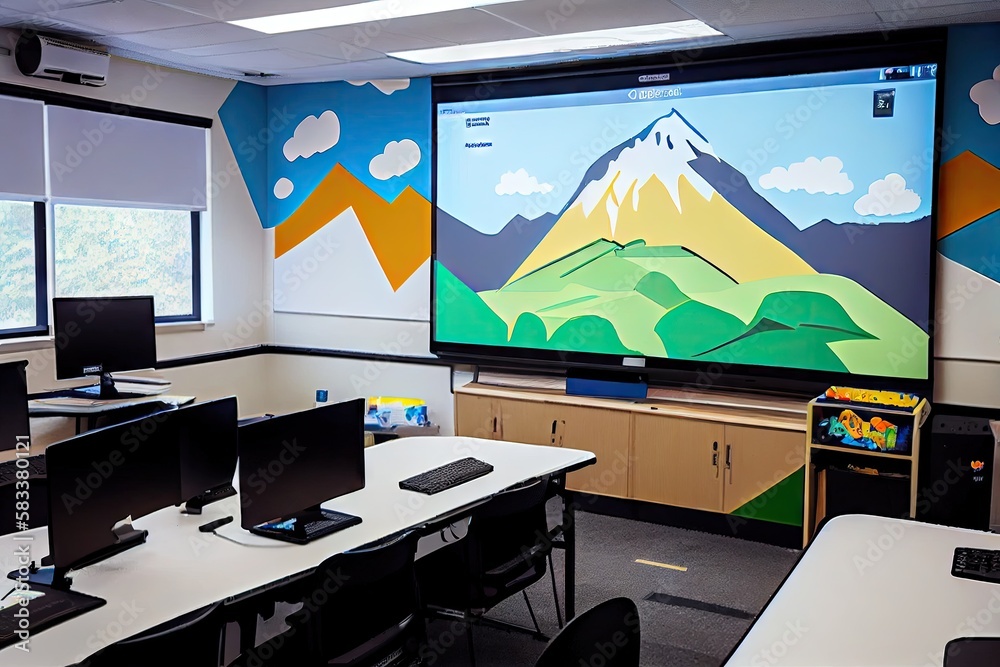 school classroom with interactive smart board, laptop, and projector ...