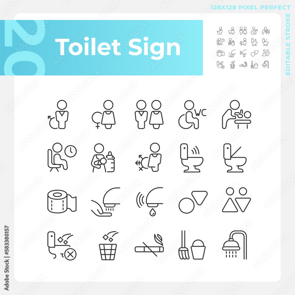 Toilet sign pixel perfect linear icons set. Public restroom marking ...