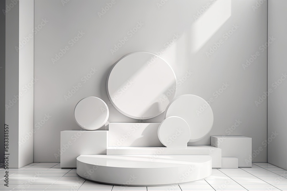 With a white pearl wall and four white podiums. Stand to display goods ...