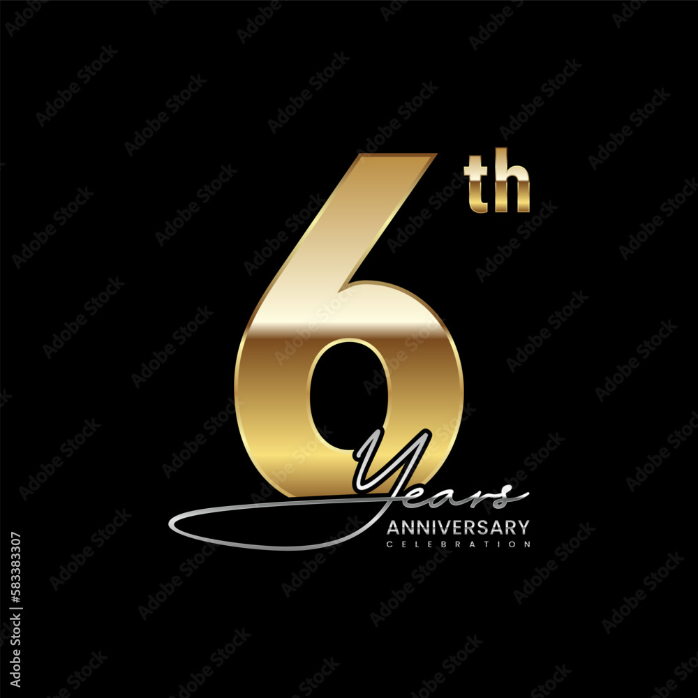 6 year anniversary. Luxury logo with golden number. Handwritten text ...