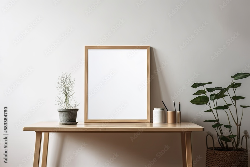 A4 wood frame with a blank interior background. Front view of an empty ...