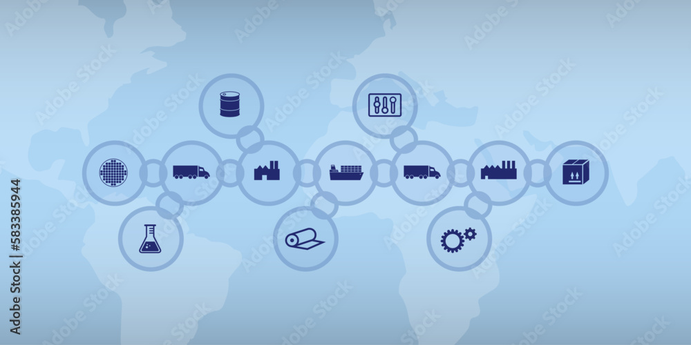 Bright vector graphic as supply chain icon image with icons in chain ...
