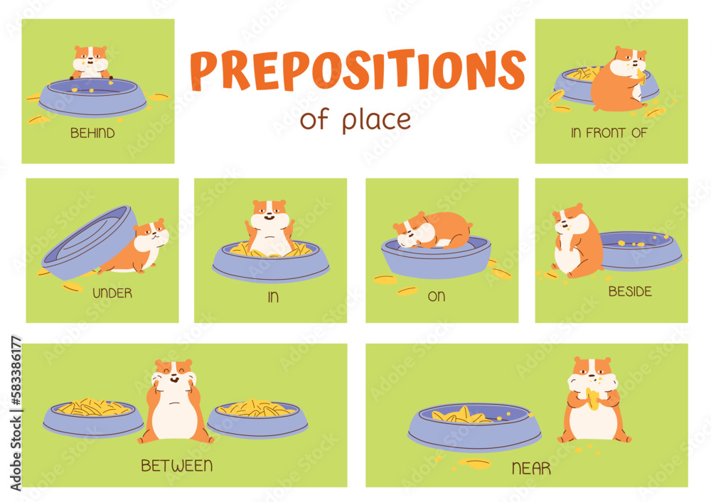 Colorful Cute Hamster Prepositions of Place Flashcards, Kids learning ...