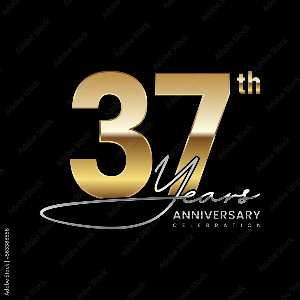 37 year anniversary. Luxury logo with golden number. Handwritten text ...