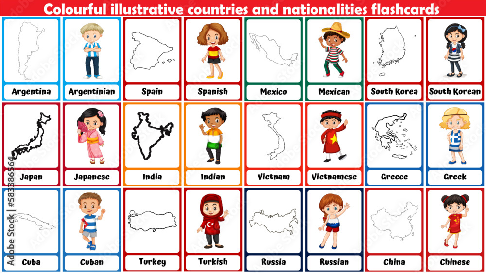 Colorful illustrative countries and nationalities flashcards, Kids ...