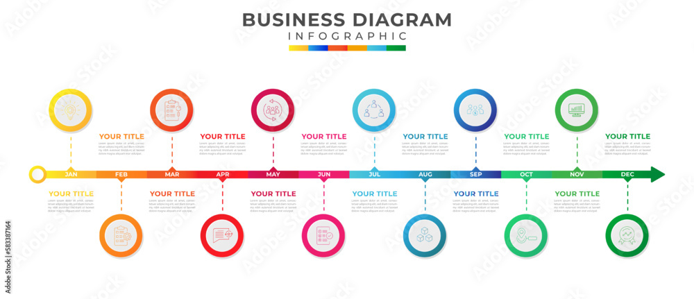 12 Months calendar modern Timeline diagram with circle and icon symbols ...