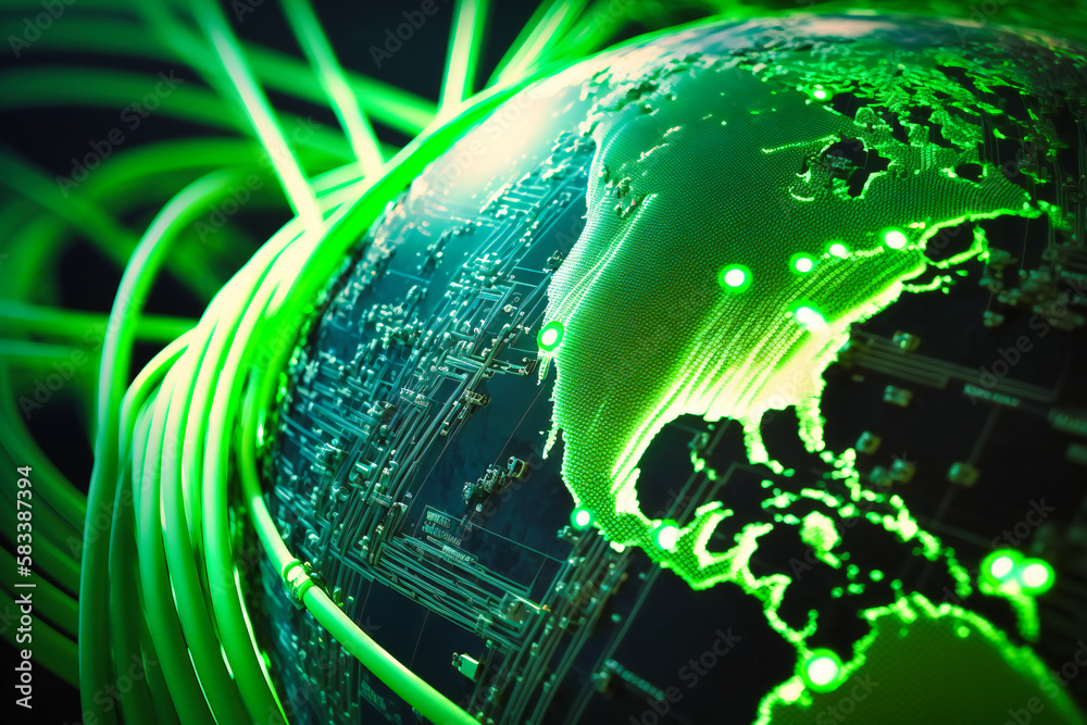 A striking green global internet network background illustrates the ...