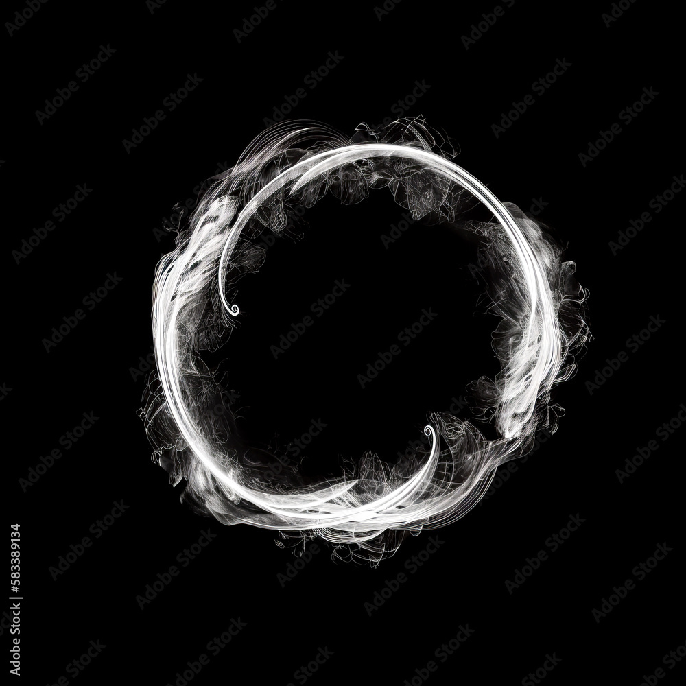 White smoke whirlpool with empty circle frame inside on black ...