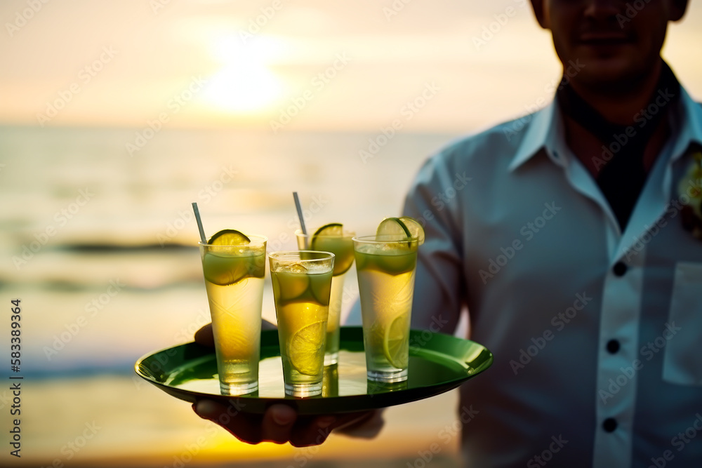 Vacation on a beach resort. Waiter with mojito cocktails on ocean beach ...