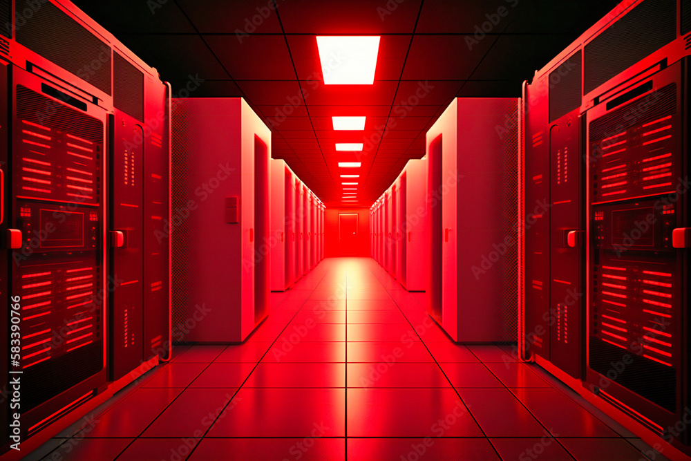 A data center corridor, bathed in warm red tones, houses rack servers ...