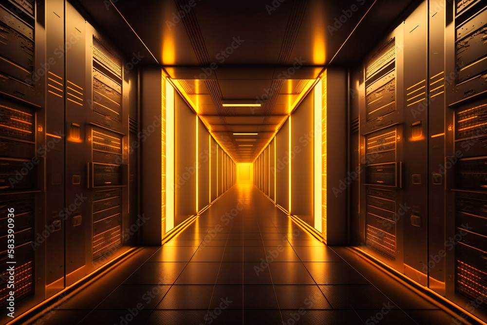 The data center corridor, illuminated by a golden glow, contains rack ...