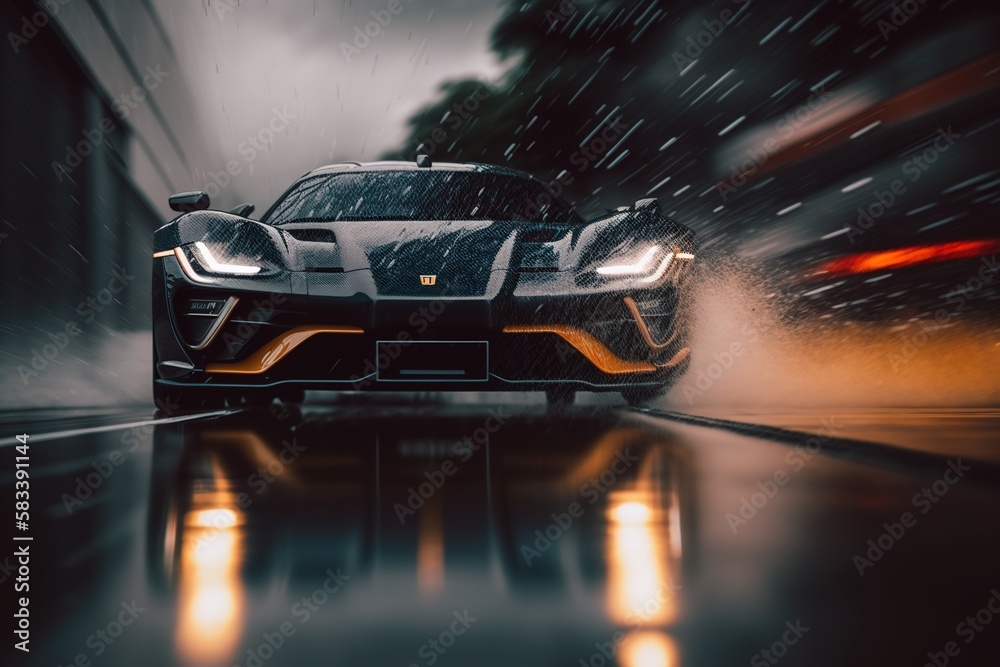 Black Sports car riding on rainy highway road. Car in fast motion. Fast ...