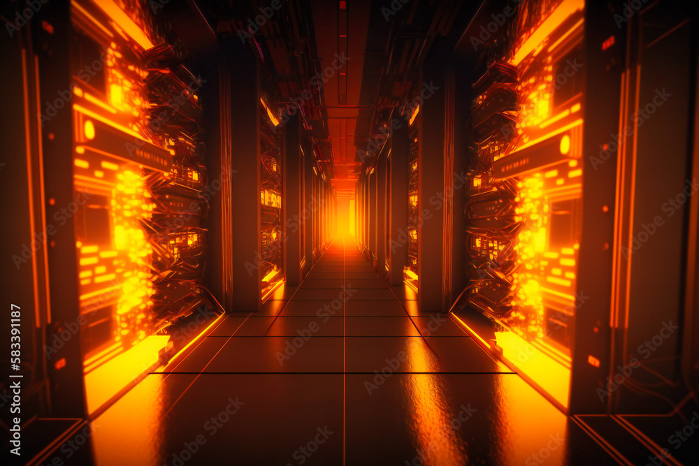 The data center corridor, illuminated by a golden glow, contains rack ...