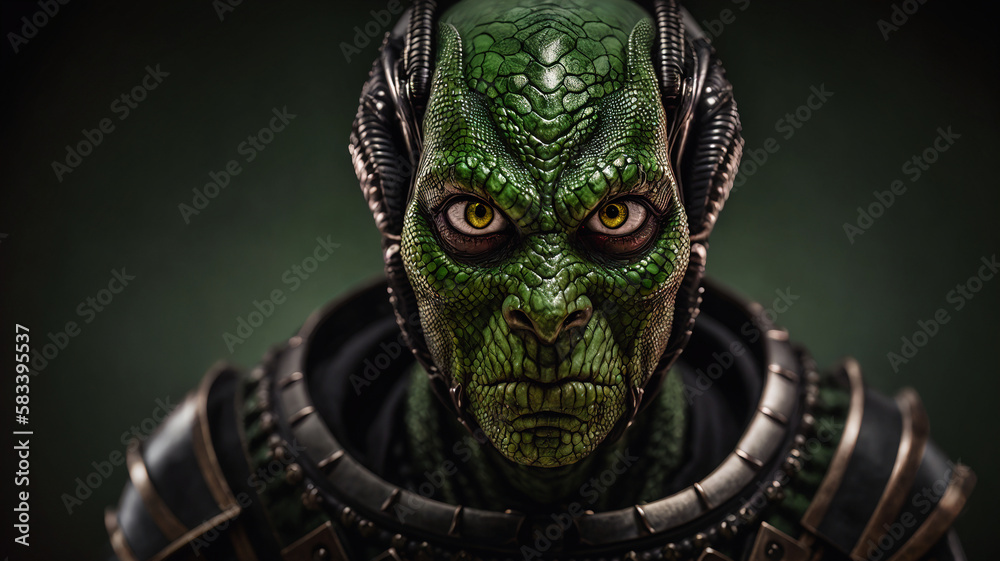 very detailed closeup of medieval humanoid alien reptilian warrior with ...