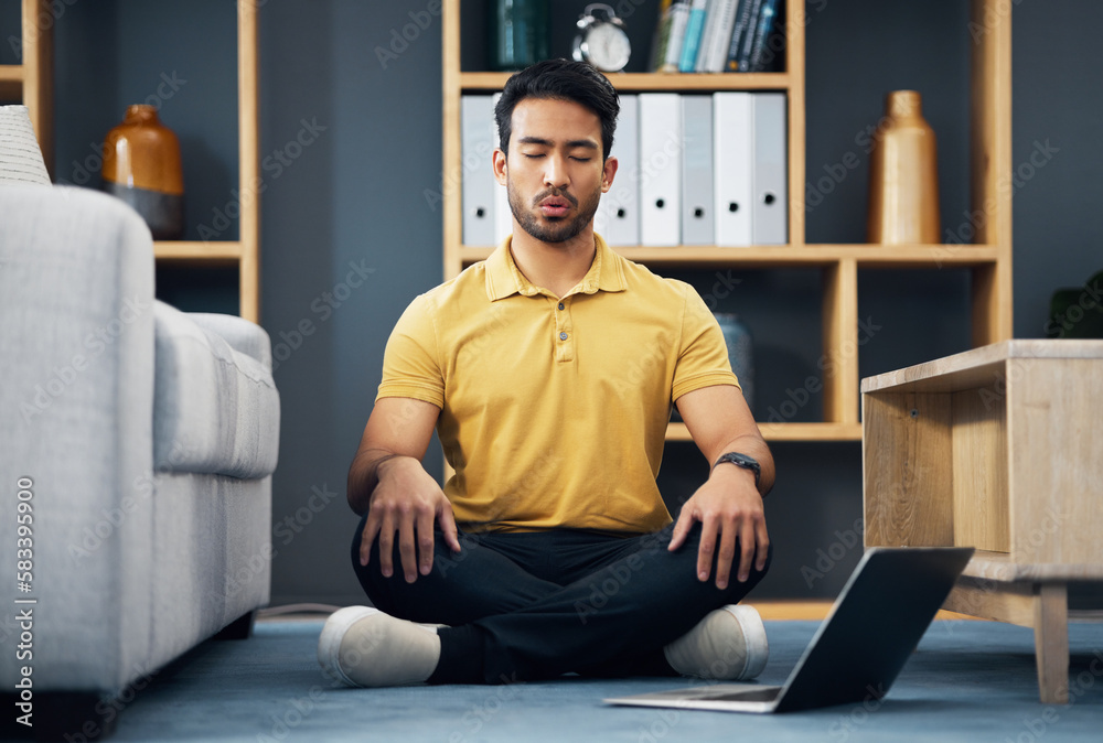 Meditation, laptop and a yoga man breathing for mental health, wellness ...