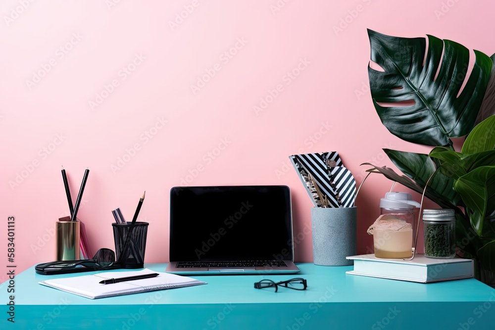 Desk with a tropical leaf, office supplies, a memo stick, and a faux ...