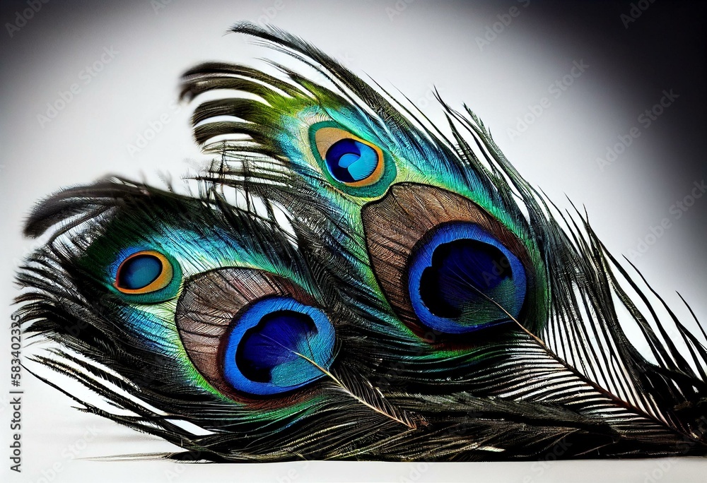 Foreground of the image showcases two peacock feathers with green and ...