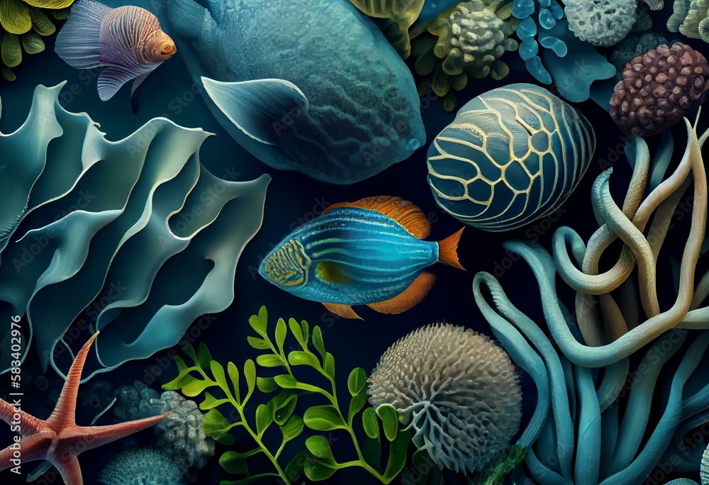 A seamless pattern featuring various sea life such as fish, marine ...