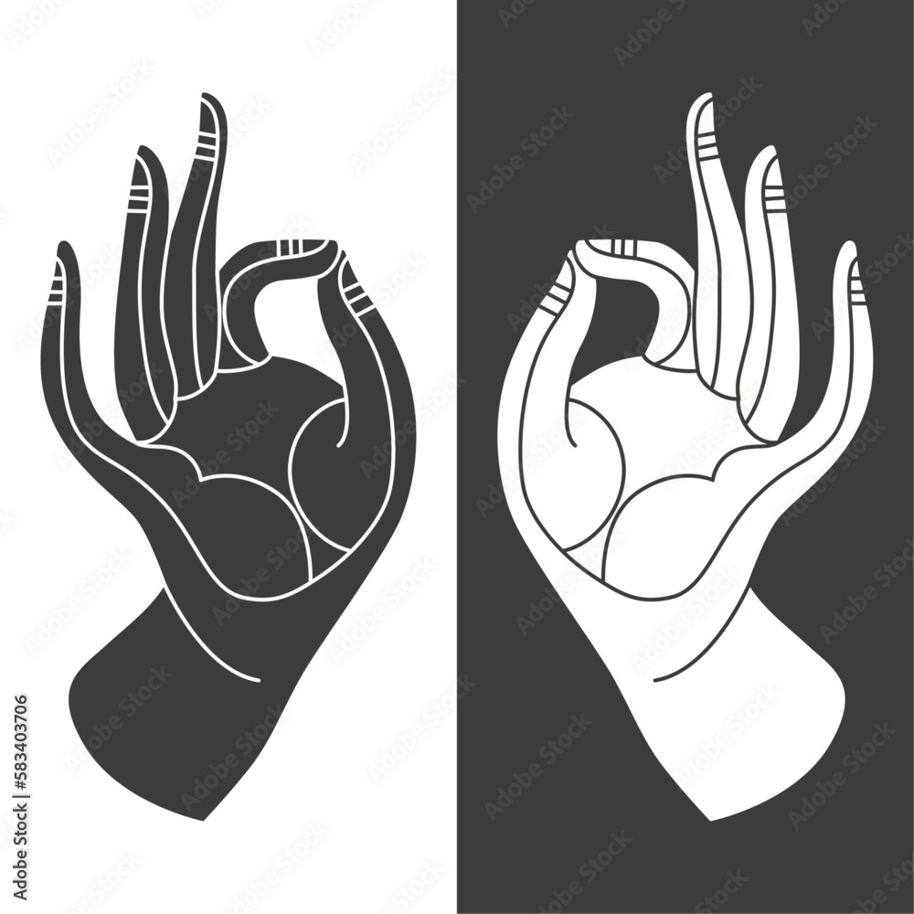 Hindu hand pose on black and white. Buddhist mudra. Tibetan thangka ...