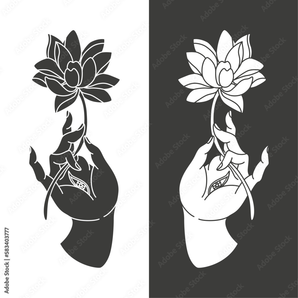 Hindu hand pose on black and white. Buddhist mudra. Tibetan thangka ...