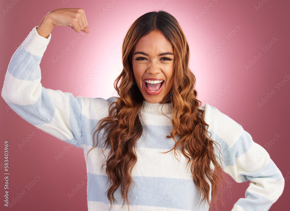 Portrait, flex arm and woman with leadership, confidence and happiness ...