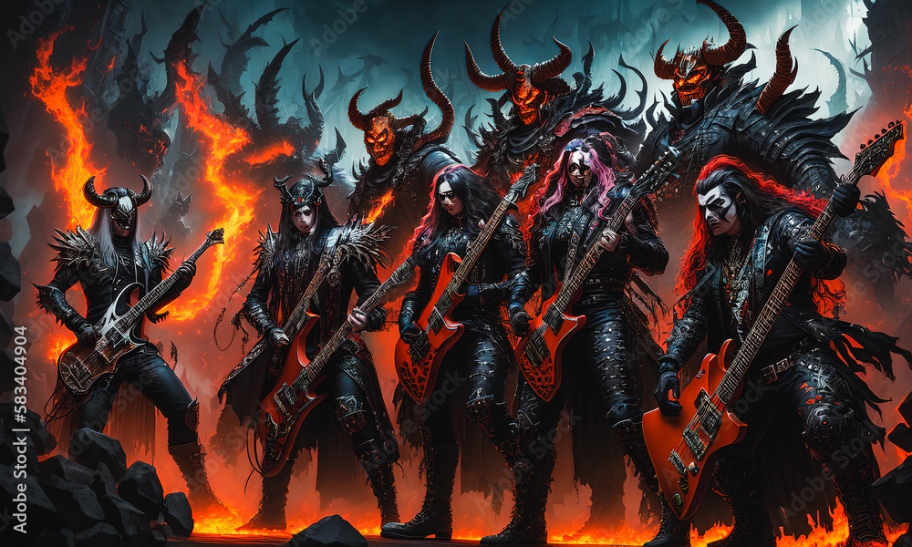 A hellish rock group in masks on album cover. Guitars ablaze, red ...