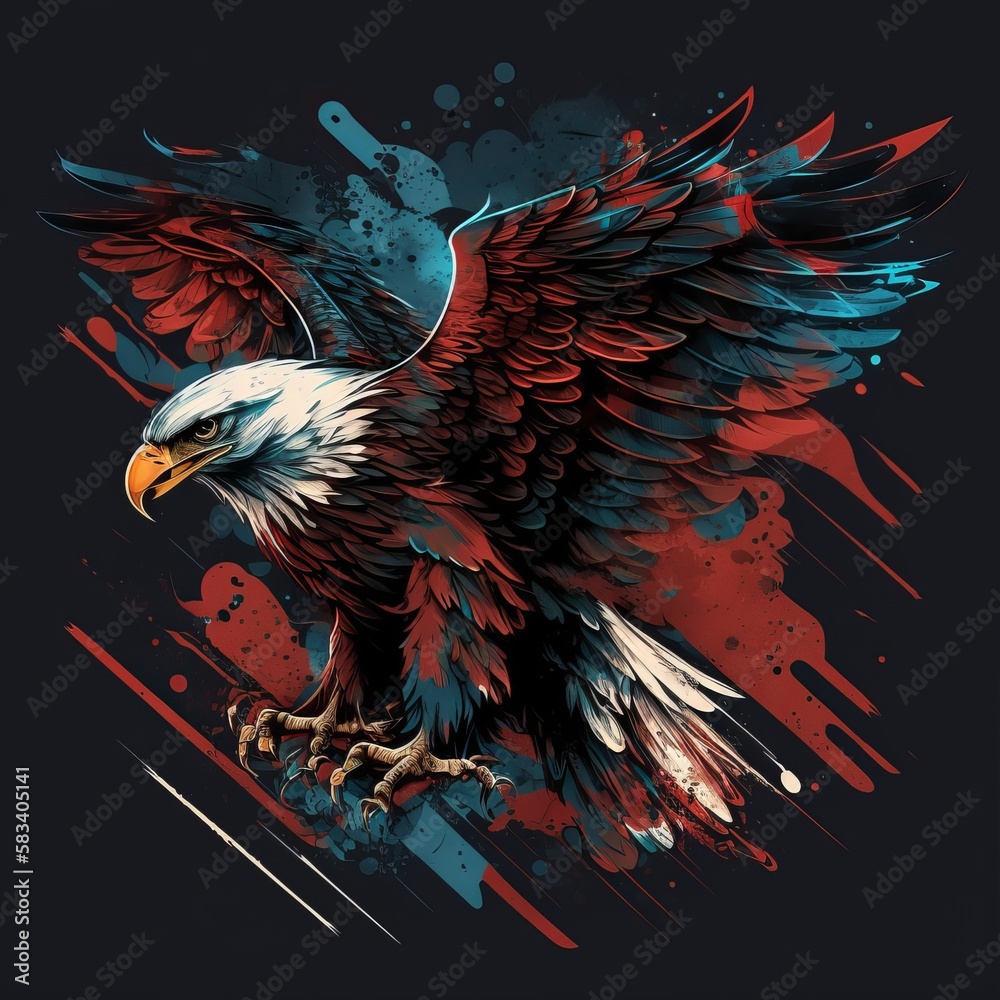 A bald eagle with a red and blue background. An eagle is often ...