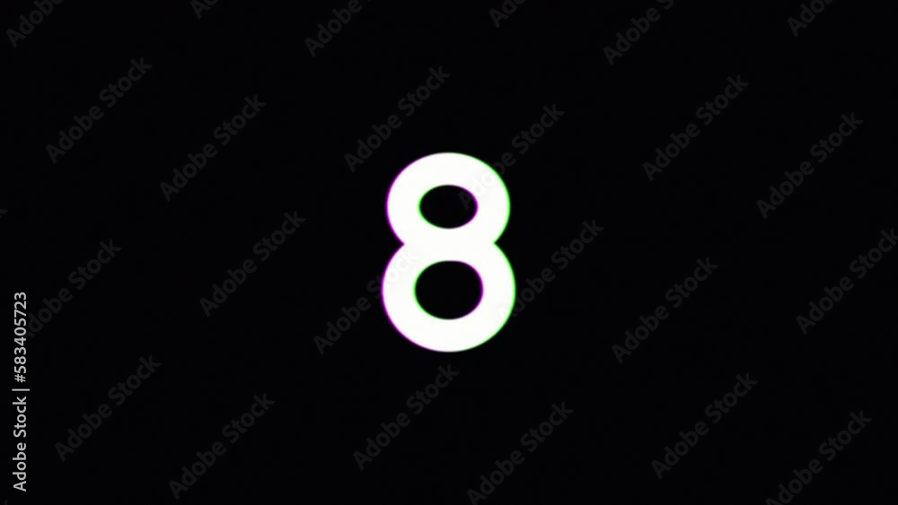 Countdown from 10 to 1. White letters with RGB split channels on black ...