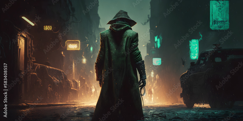 dark gritty, post apocalyptic western, a gunslinger in a worn malachite ...