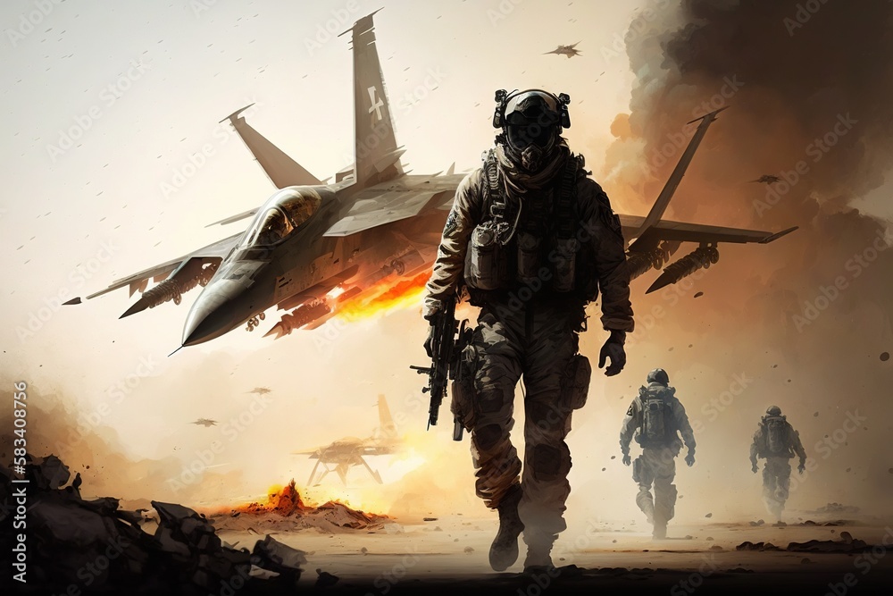 Army soldiers fighting with guns and defending their country. a group ...