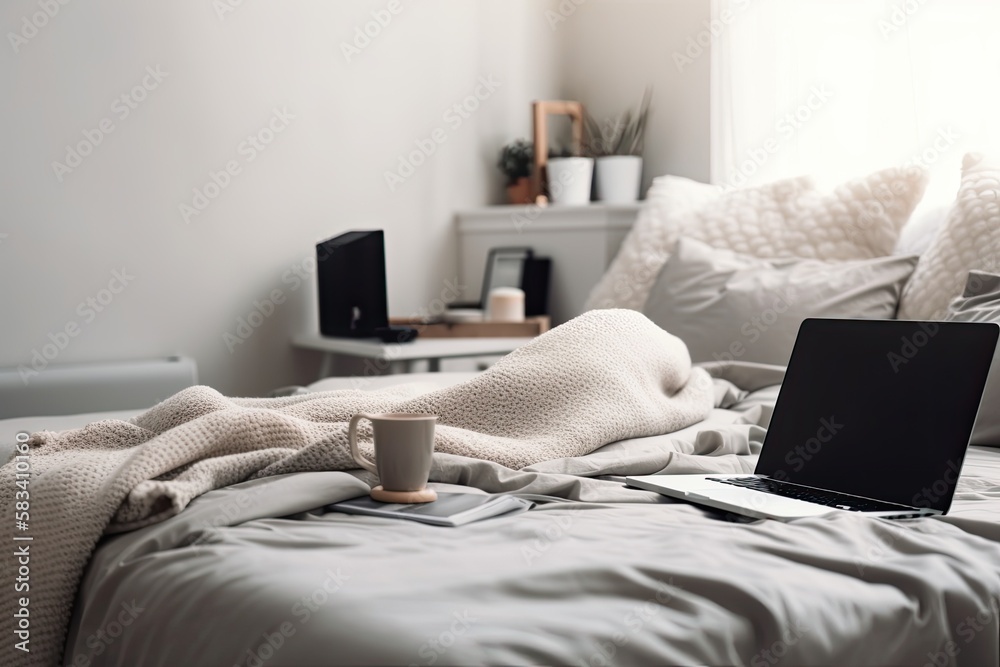 Blank laptop screen in bed with pillows and a blanket. Bedroom interior ...