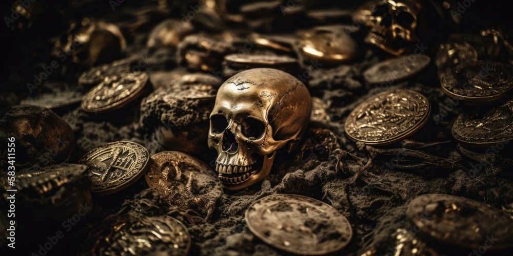 Lost treasure of pirates in the Caribbean jungle swamps, gold skulls ...