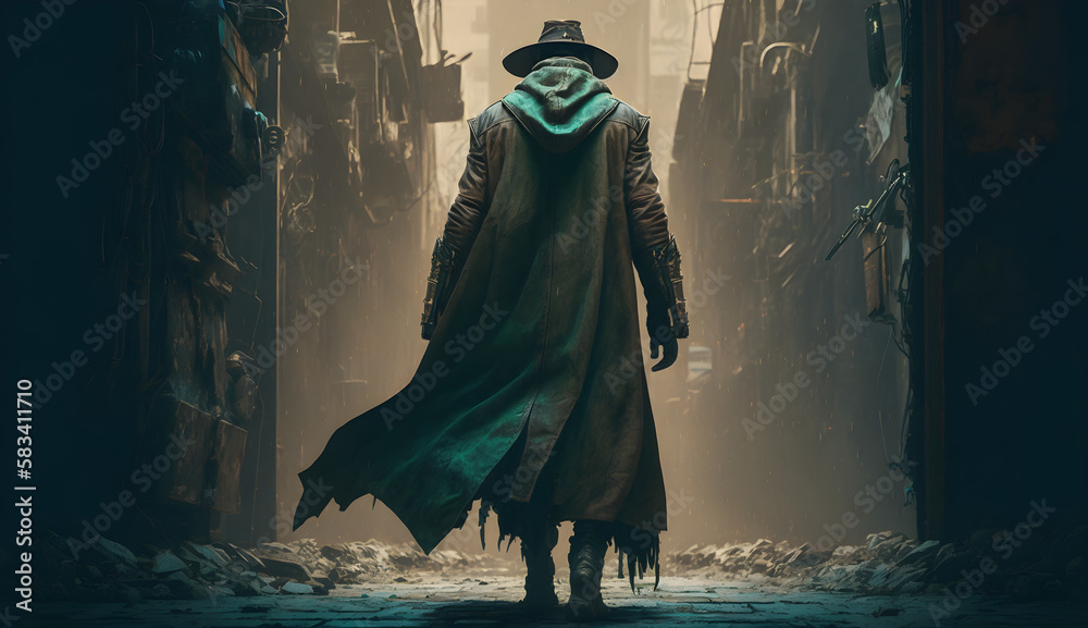 dark gritty, post apocalyptic western, a gunslinger in a worn malachite ...