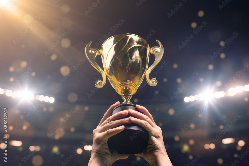 Win concept. Man holding up a gold trophy cup. Winner in a competition ...