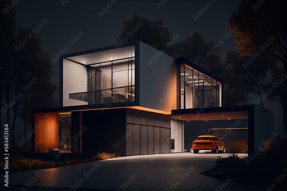 a modern house with a sleek exterior and minimalist design, surrounded ...