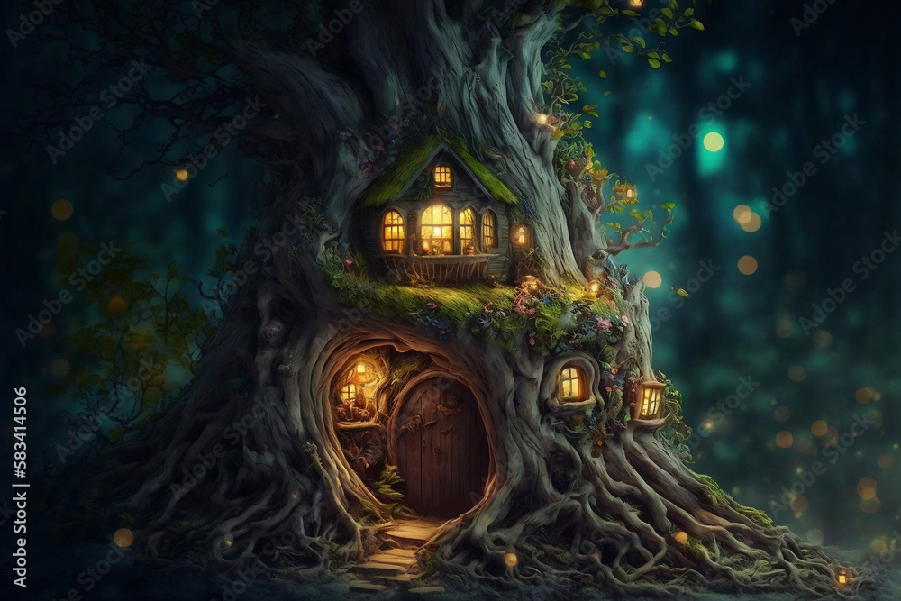 dwarves house in tree, generative ai ilustração do Stock | Adobe Stock