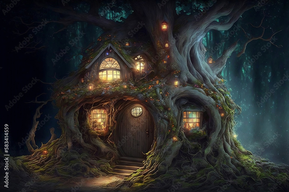 dwarves house in tree, generative ai ilustração do Stock | Adobe Stock