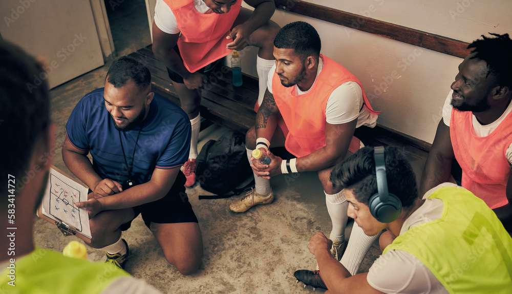Locker room, strategy and rugby team with coach in discussion or game ...