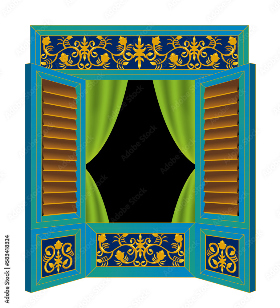 A traditional Malay style wooden window frame. Decorated with ...