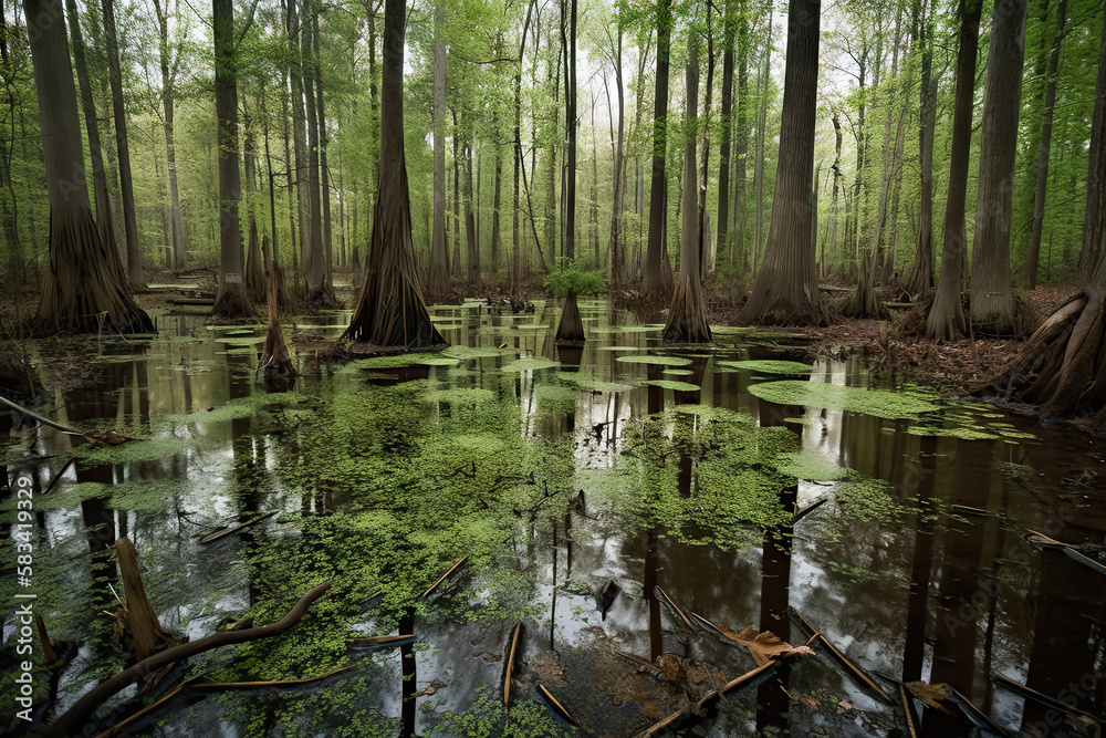 Lush swamp and rivers in summer, swamp covered by green vegetation ...