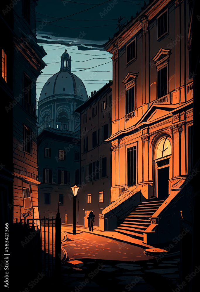 Animation design, night in buildings and streets of Rome, graphic novel ...