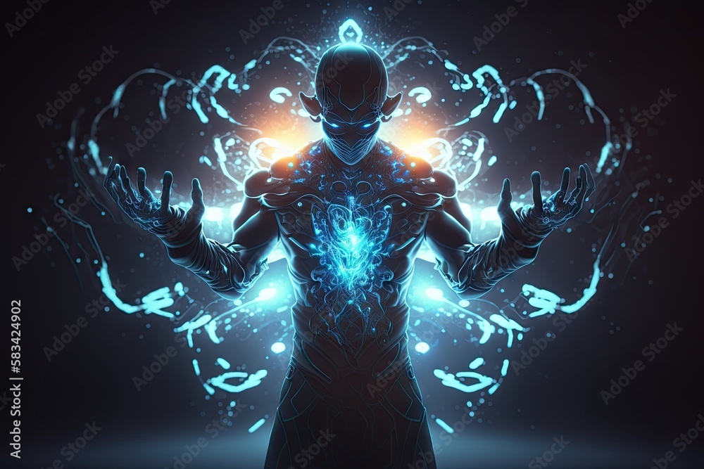 Astral body silhouette with space background and ray of astral light ...