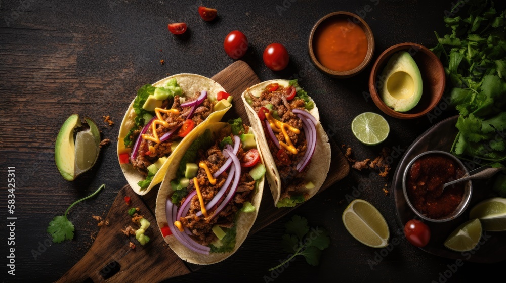 Overhead shot of tacos for restaurant menu. Mexican traditional cuisine ...