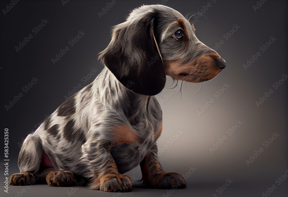Isolated side-view of odd-eyed merle dapple dachshund puppy. Generative ...