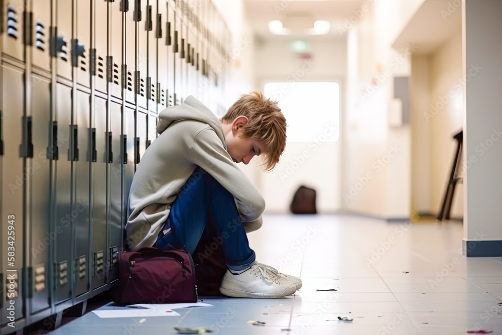 Bullying at school and high school. Upset bullied teen boy suffering sitting against the school ...