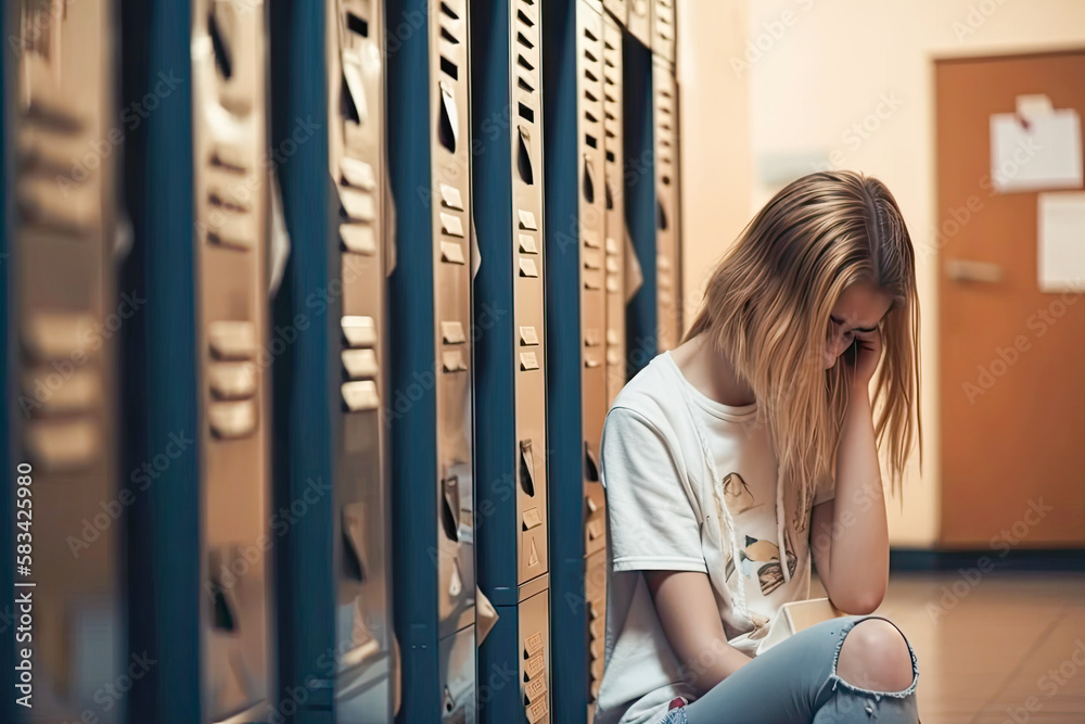 Bullying at school and high school. Upset bullied teen girl suffering sitting against the school ...