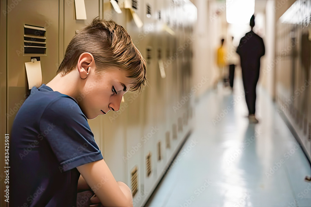 Bullying at school and high school. Upset bullied teen boy suffering standing in front of the ...